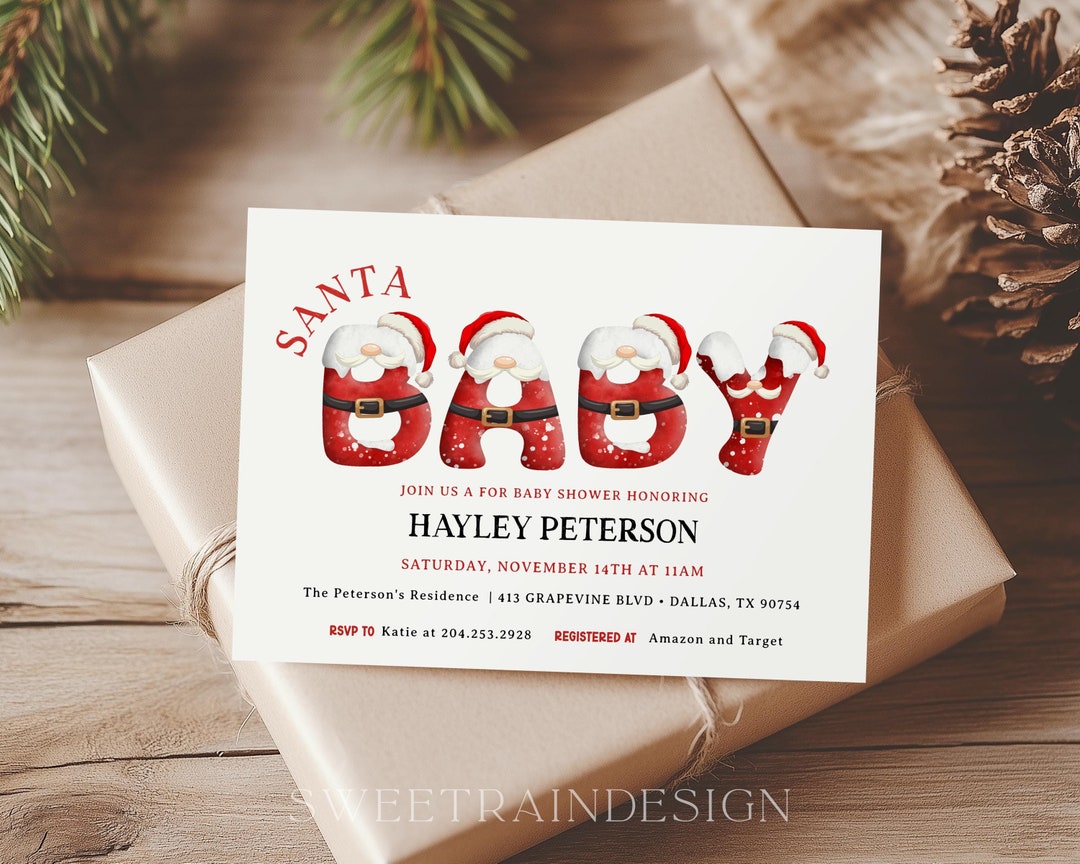 Santa Baby Themed Baby Shower Invitation Template, Festive Holiday Baby ...