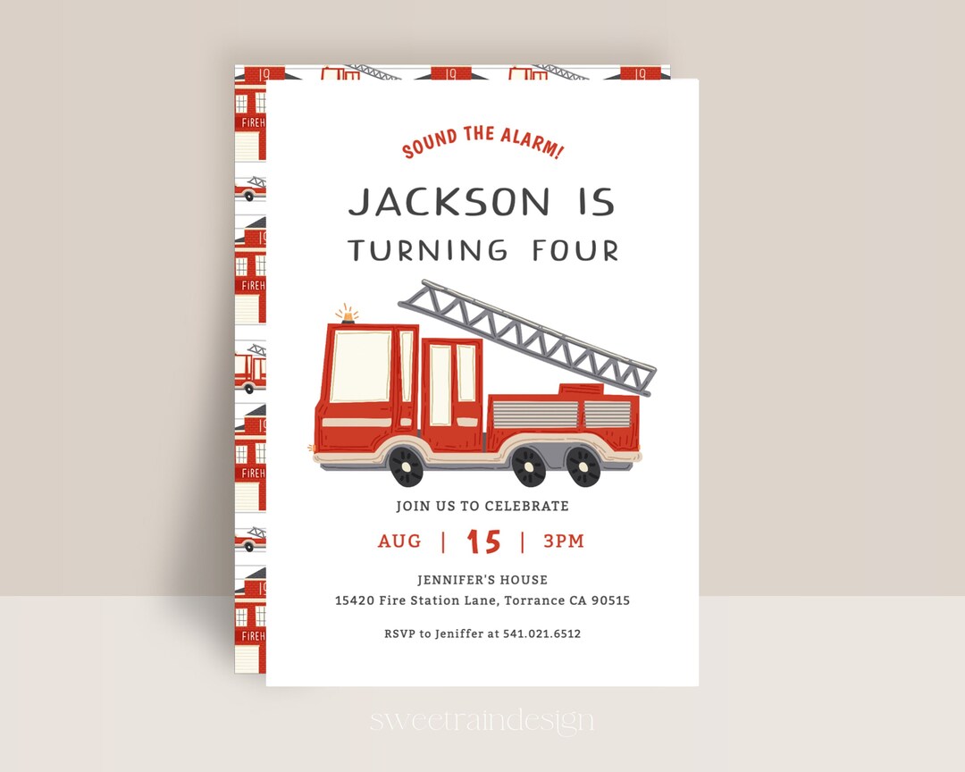 Firetruck Birthday Invitation, Sound the Alarm, Fireman Birthday ...
