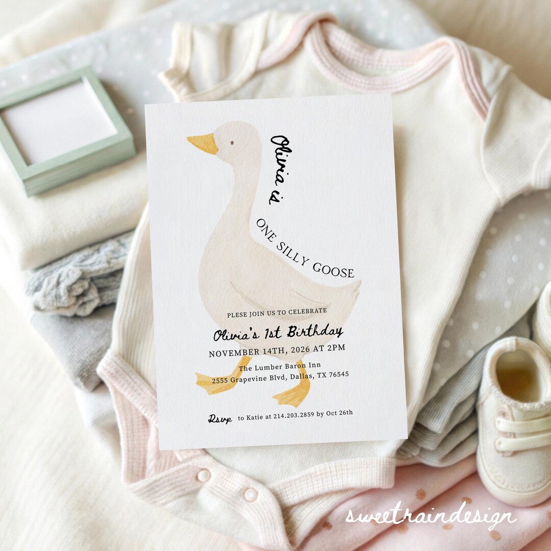 Goose 1st Birthday Invitation Template, Canva Template, One Silly Goose ...