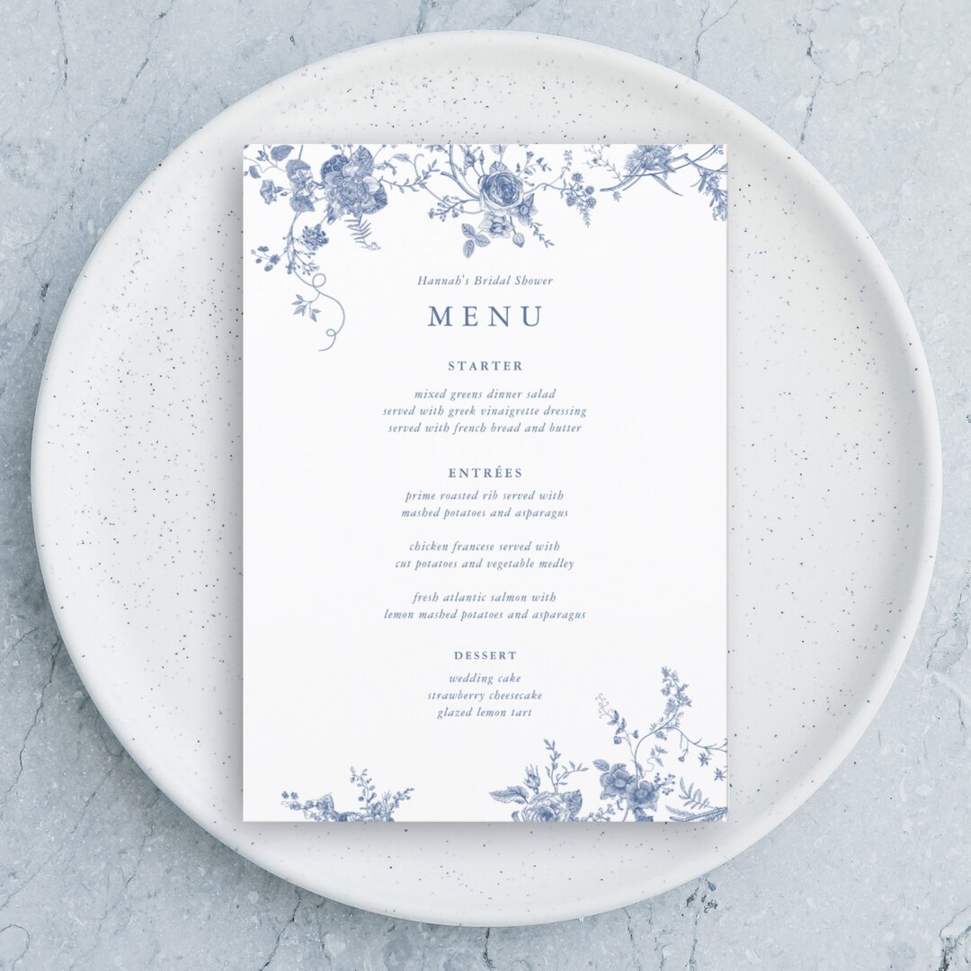 Something Blue Bridal Shower Menu Template Floral Blue Bridal - Etsy