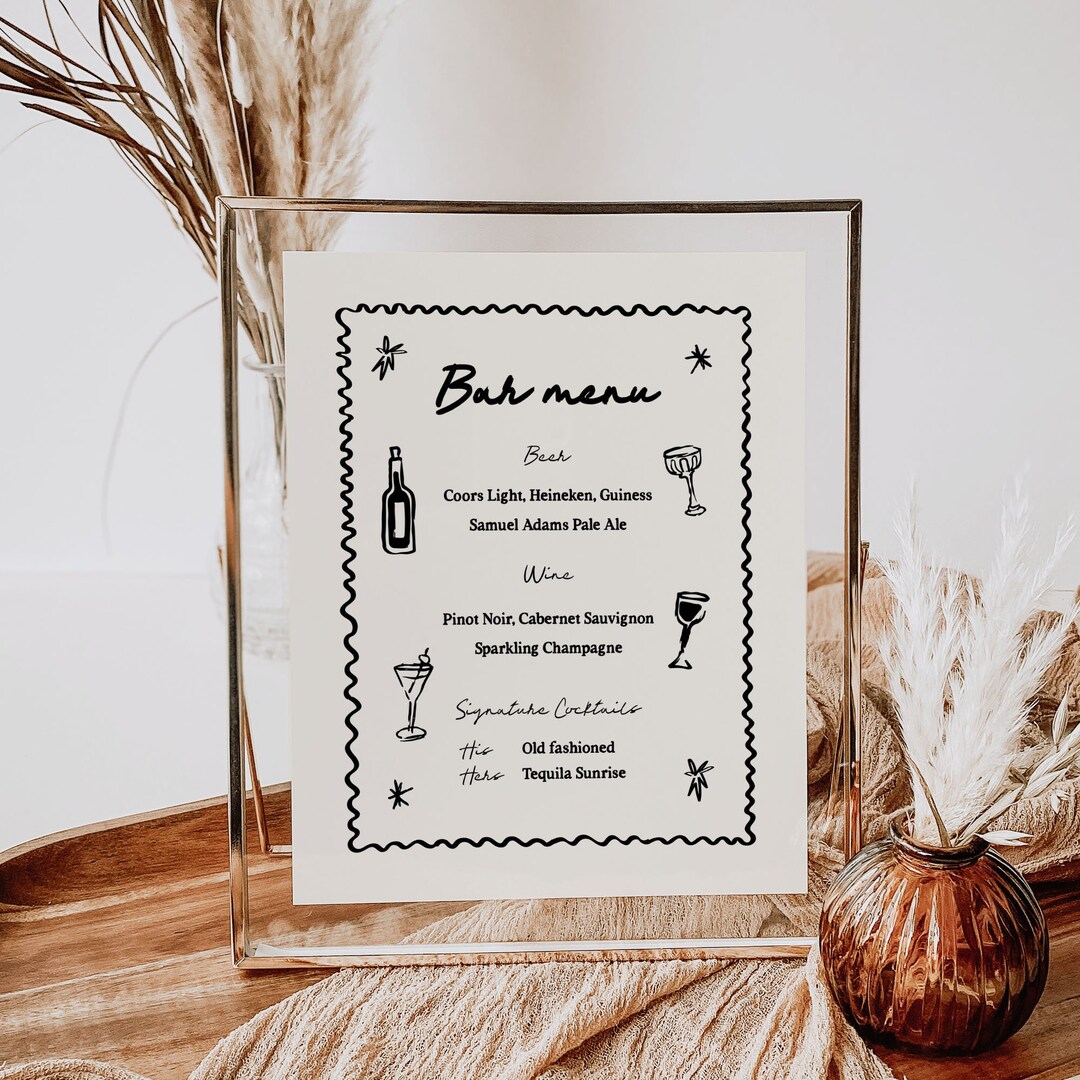 Hand Drawn Bar Menu Sign Template, Whimsical, Custom Cocktail Menu ...