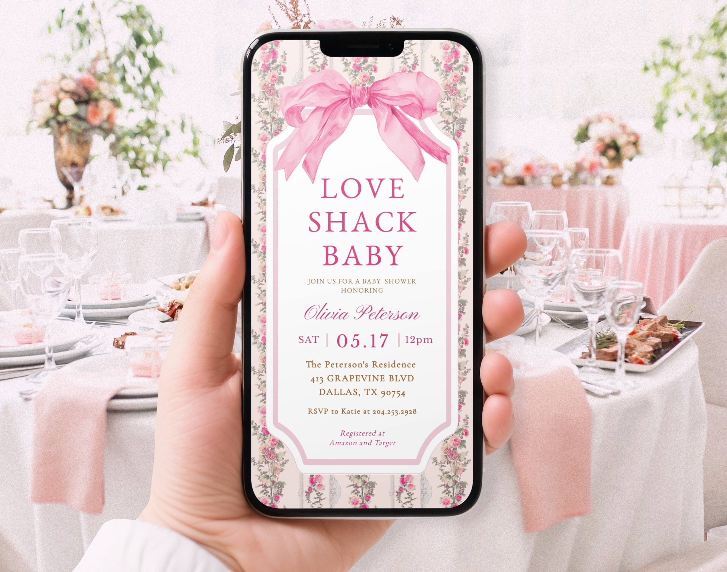Love Shack Baby Shower Evite, Pink Bow Baby Shower Digital Invitation ...