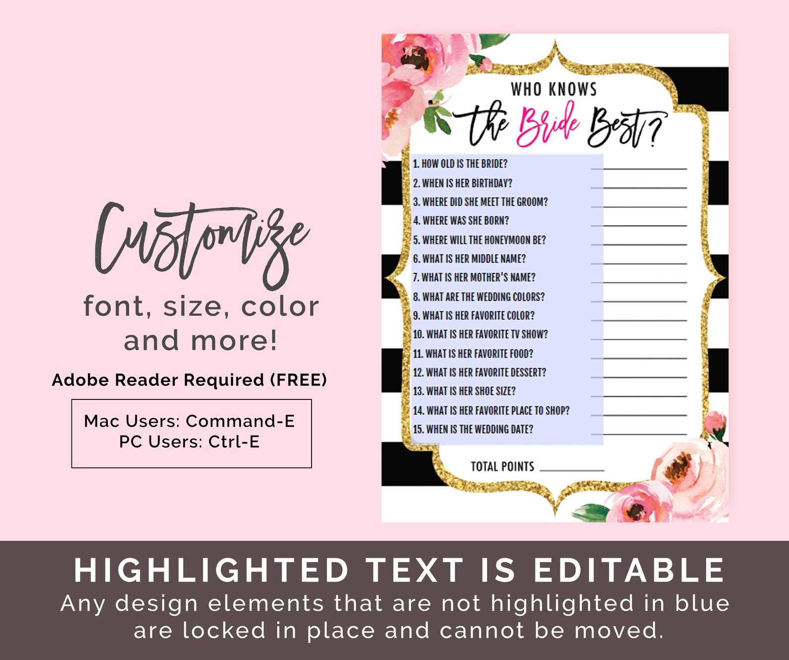 Who Knows the Bride Best Editable, Kate Bridal Shower Games Printable ...