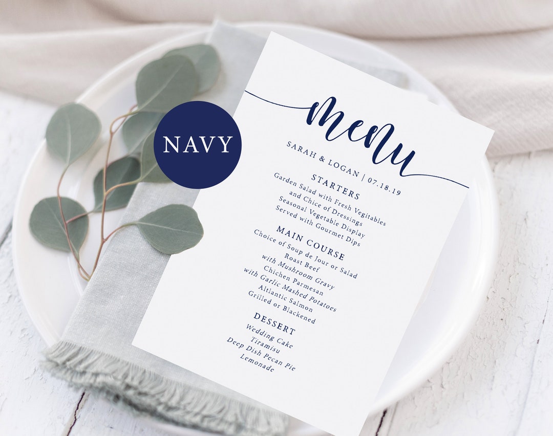 Navy Menu Card Template, Dinner Menu, 5x7 Menu Template, Editable ...