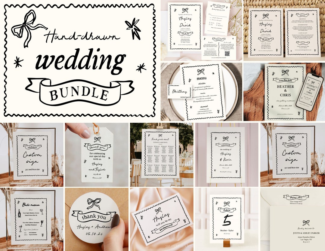 Hand Drawn Wedding Bundle Template, Wedding Invitation Bundle, Quirky ...