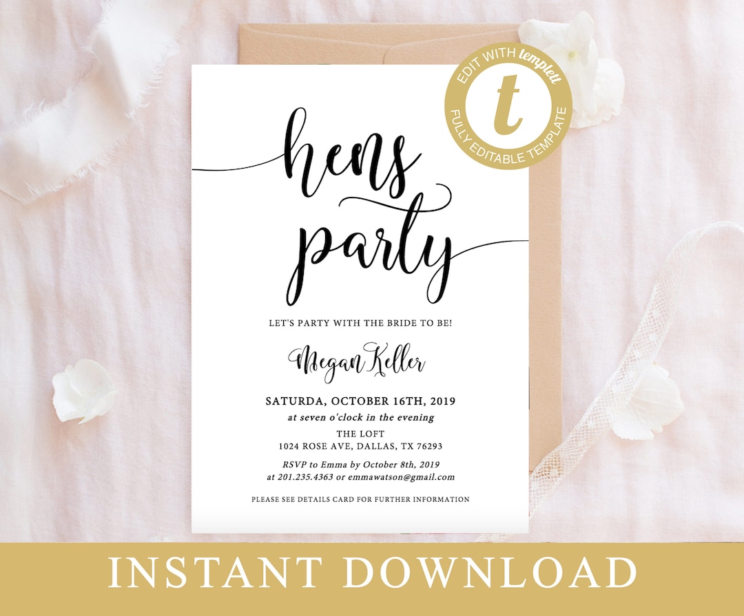 Hen's Party Invitation Template, Bachelorette Party Invites, Editable ...