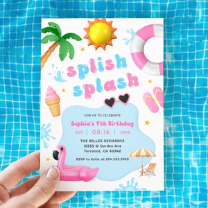 Splish Splash Pool Party Invitation Template, Summer Birthday Party ...
