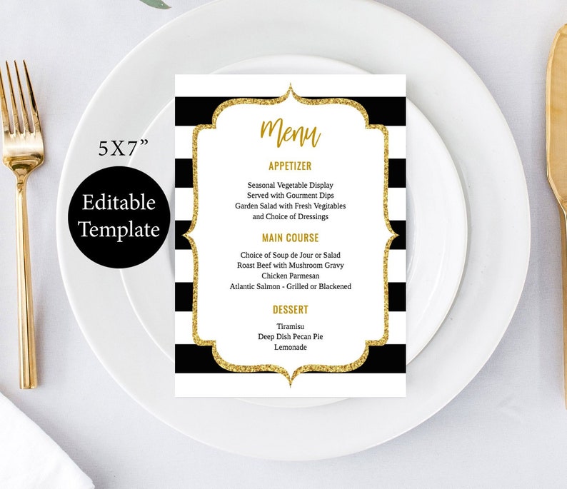 5x7 Menu Template Black and Gold Menu Cards Printable Menu - Etsy