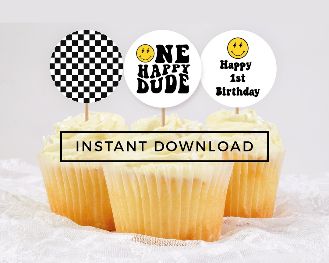 ONE Happy Dude Birthday Cake Toppers Printable, Smile Face 1st Birthday ...