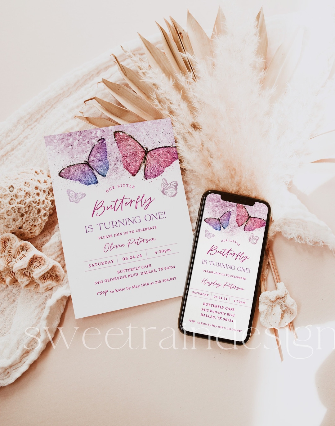 Butterfly 1st Birthday Invitation Template, Girl 1st Birthday Evite ...