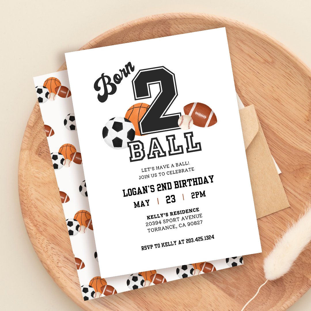 Born 2 Ball Invitation Template, Boy Sports Birthday Party, Boy Second ...
