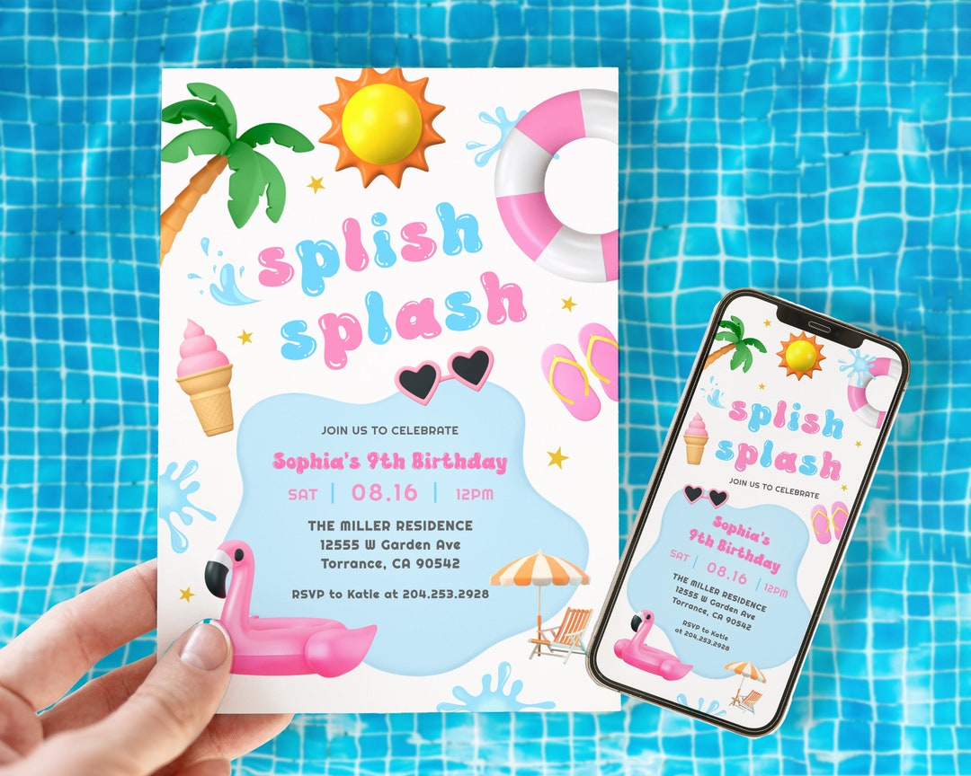 Splish Splash Pool Party Invitation Template, Summer Birthday Party Evite, Girl Pool Party ...