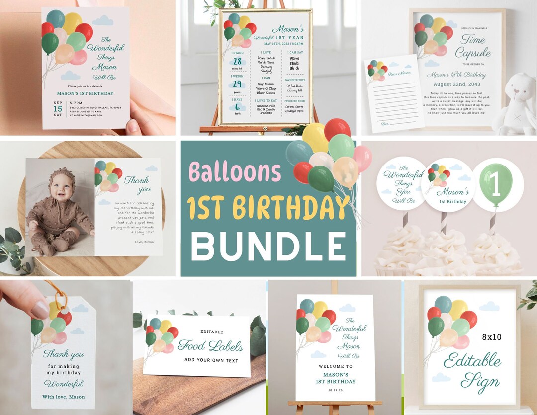 Wonderful Things Birthday Bundle, Balloon Birthday Party, Wonderful 1st ...