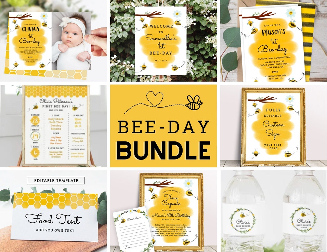 Bumble Bee Birthday Bundle, Bee 1st Birthday Templates, Happy Bee Day ...