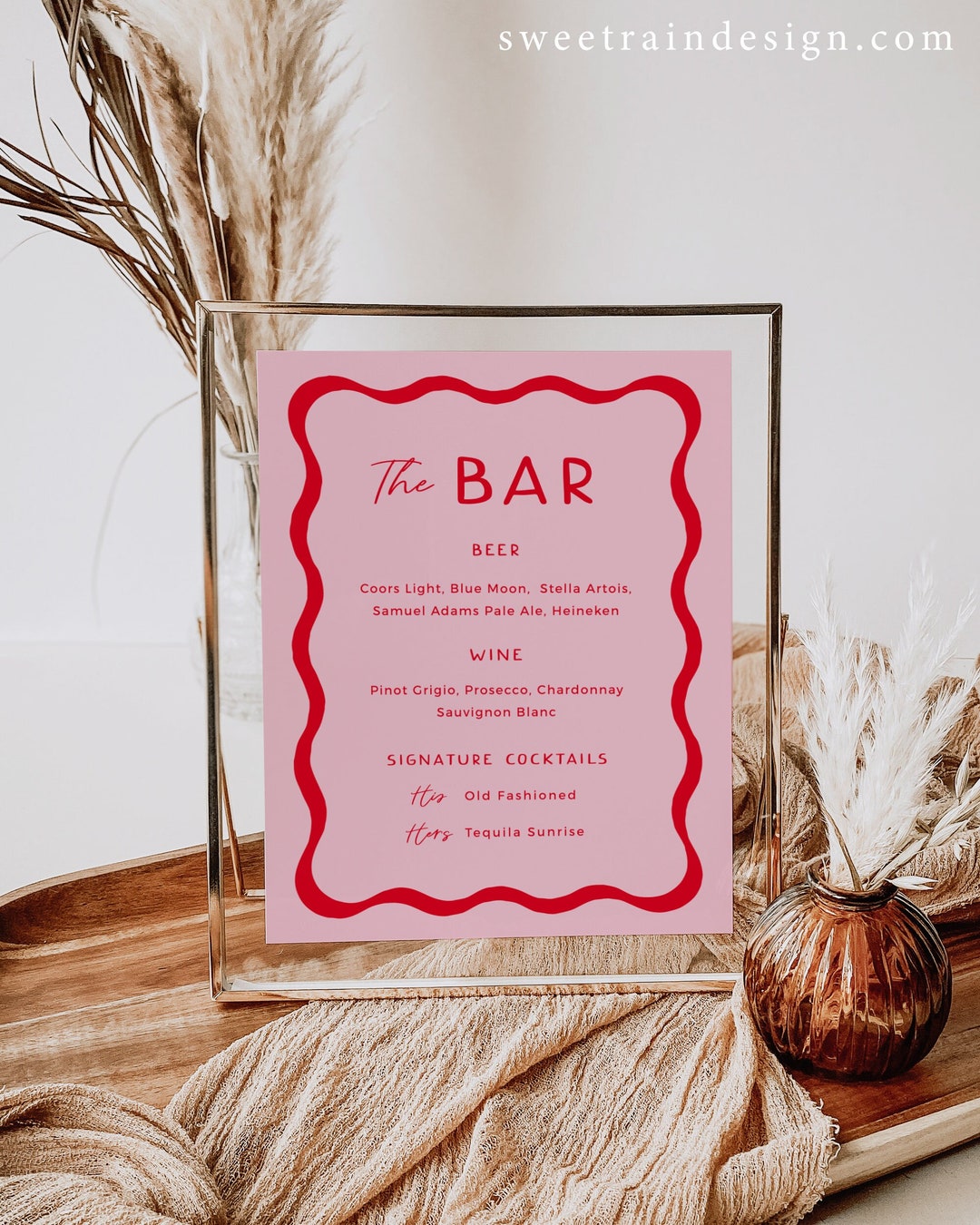 Pink and Red Bar Menu Template, Retro Wedding Drink Sign, Wavy Wedding ...