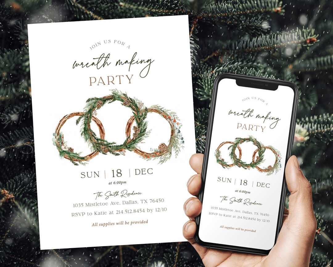 Christmas Wreath Making Party Invitation Template, Wreath Party Evite ...