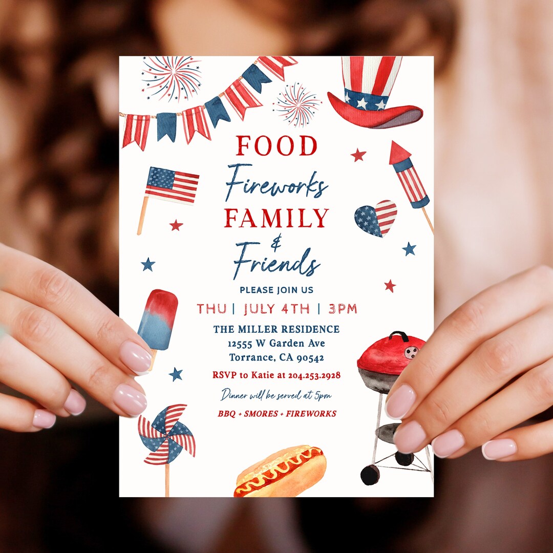 4th of July Cookout Invitation Template, Food Fireworks Family Friends ...