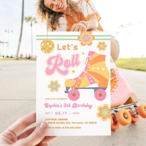 Roller Skate Party Invitation Template, Let's Roll Birthday, Groovy ...