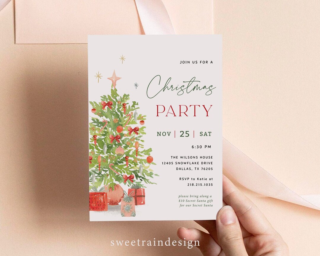 Christmas Party Invitation Template, Christmas Tree Rustic Christmas ...