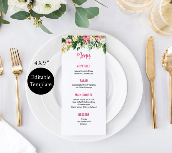 Tropical Menu Card Template, Beach Wedding Menu, Editable Menu ...