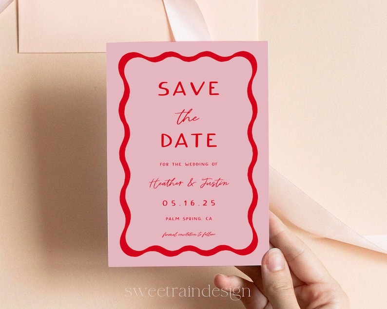 Pink and Red Save the Date Templates Retro Save the Date - Etsy