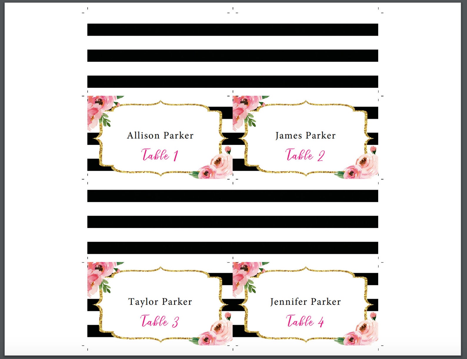 Kate Place Card Template, Floral Name Cards Editable Template, Striped ...