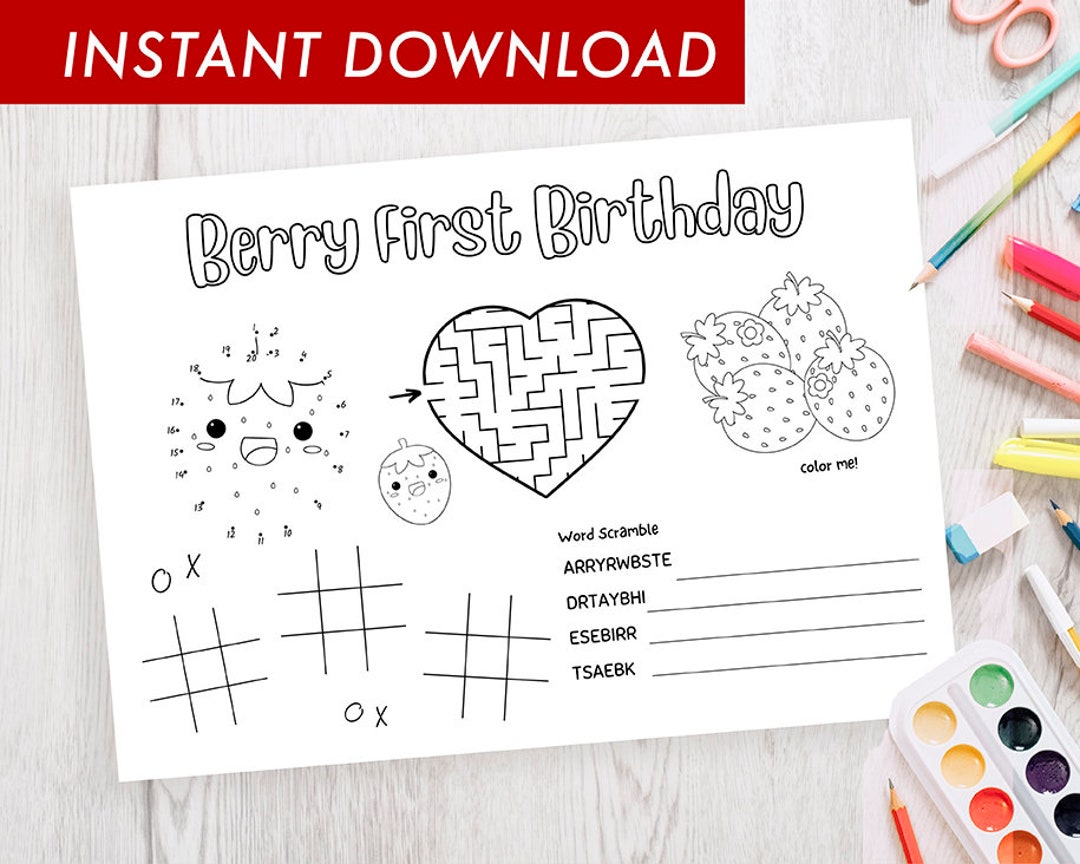 Strawberry Birthday Placemat Digital Berry First Birthday Printable ...