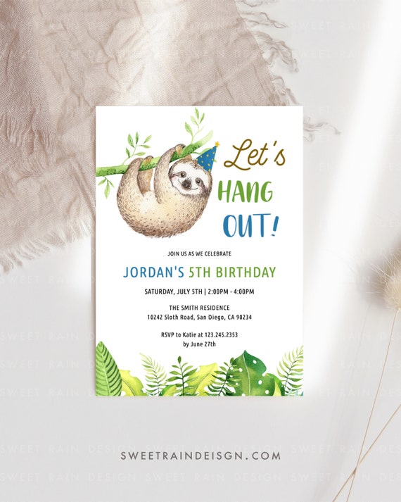Sloth Birthday Party Invitation Template, Sloth Party, Sloth ...