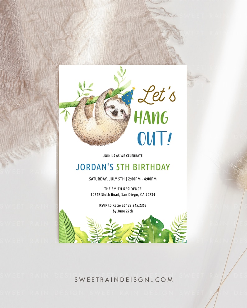 Sloth Birthday Party Invitation Template, Sloth Party, Sloth ...