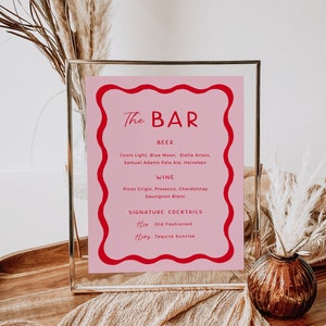 Pink and Red Bar Menu Template, Retro Wedding Drink Sign, Wavy Wedding ...