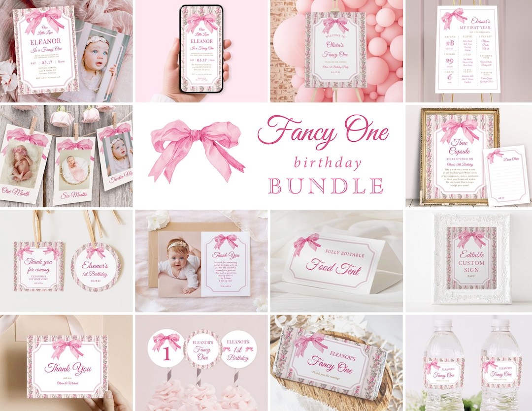 Editable Pink Bow 1st Birthday Party Bundle, Fancy One Birthday Invite ...