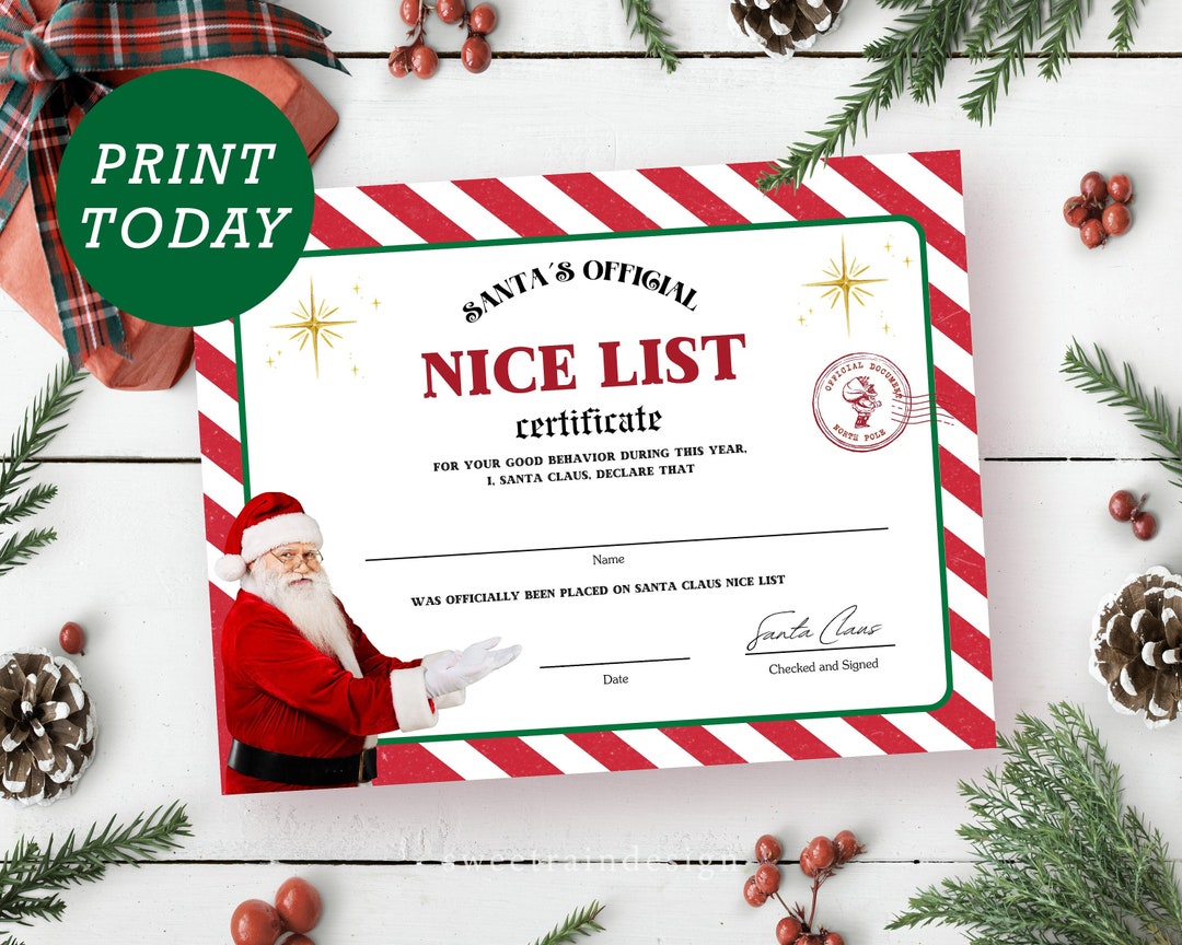 Santa's Official Nice List Certificate Printable, Santa Certificate ...