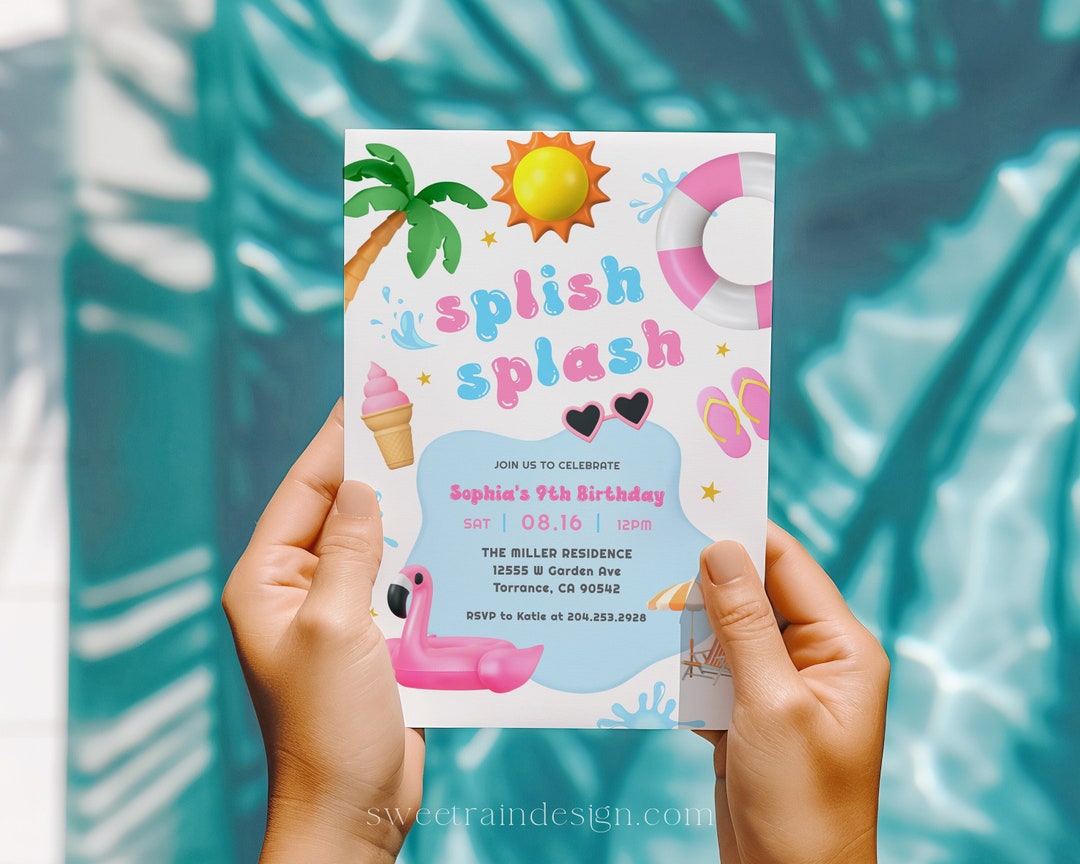 Splish Splash Pool Party Invitation Template, Summer Birthday Party ...