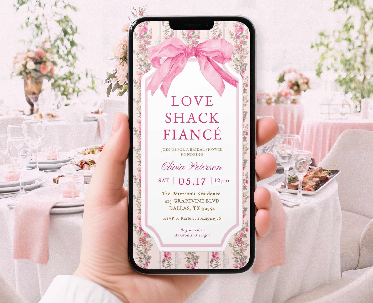 Love Shack Fiancé Bridal Shower Evite DIGITAL, Pink Bow Bridal Shower ...