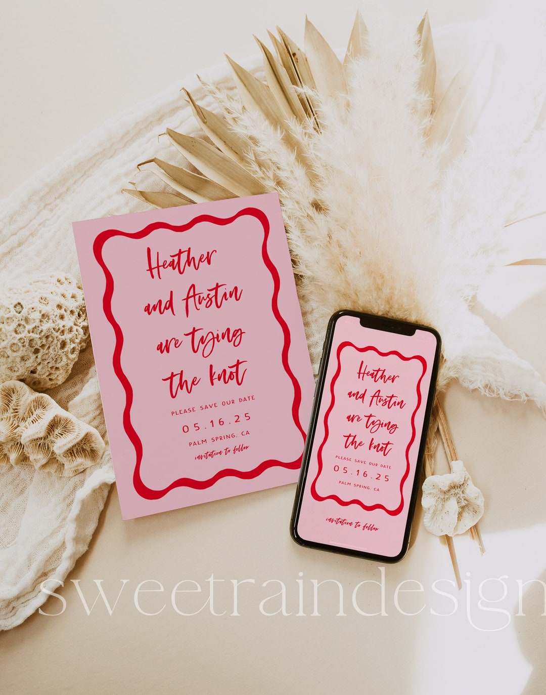 Retro Save the Date Template, Pink and Red Wedding Save the Date ...