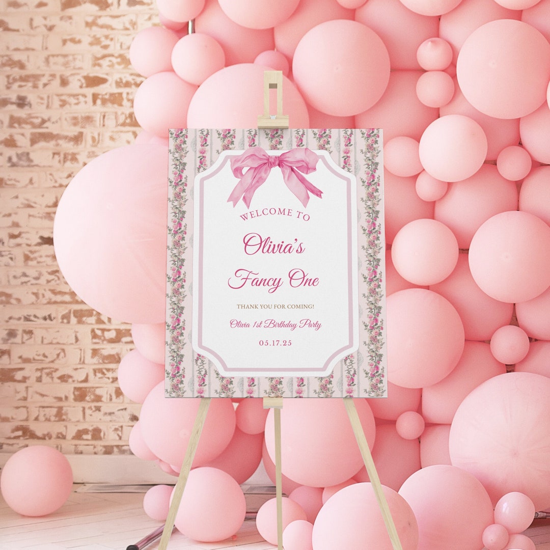 Pink Bow Fancy One Birthday Welcome Sign Template, Girl 1st Birthday ...