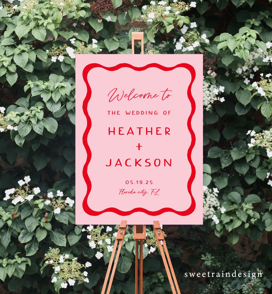 Retro Wedding Welcome Sign Templates, Pink and Red Wedding, Wave, Wavy ...