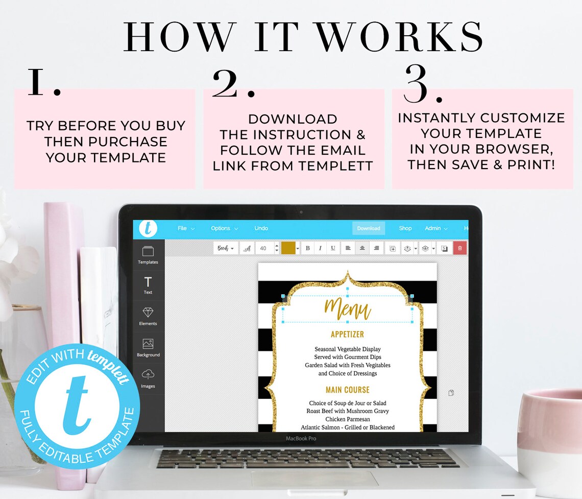 5x7 Menu Template, Black and Gold Menu Cards, Printable Menu, Reception ...