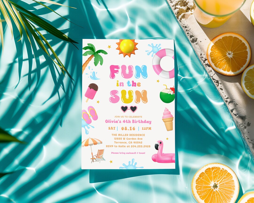 Fun in the Sun Birthday Party Invitation Template, Tropical Summer ...