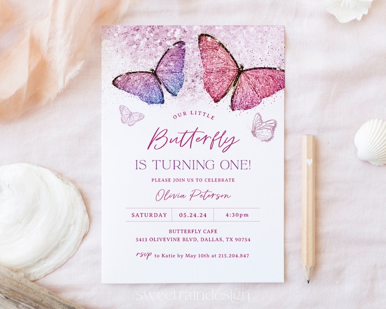 Butterfly 1st Birthday Invitation Template Girl 1st Birthday - Etsy