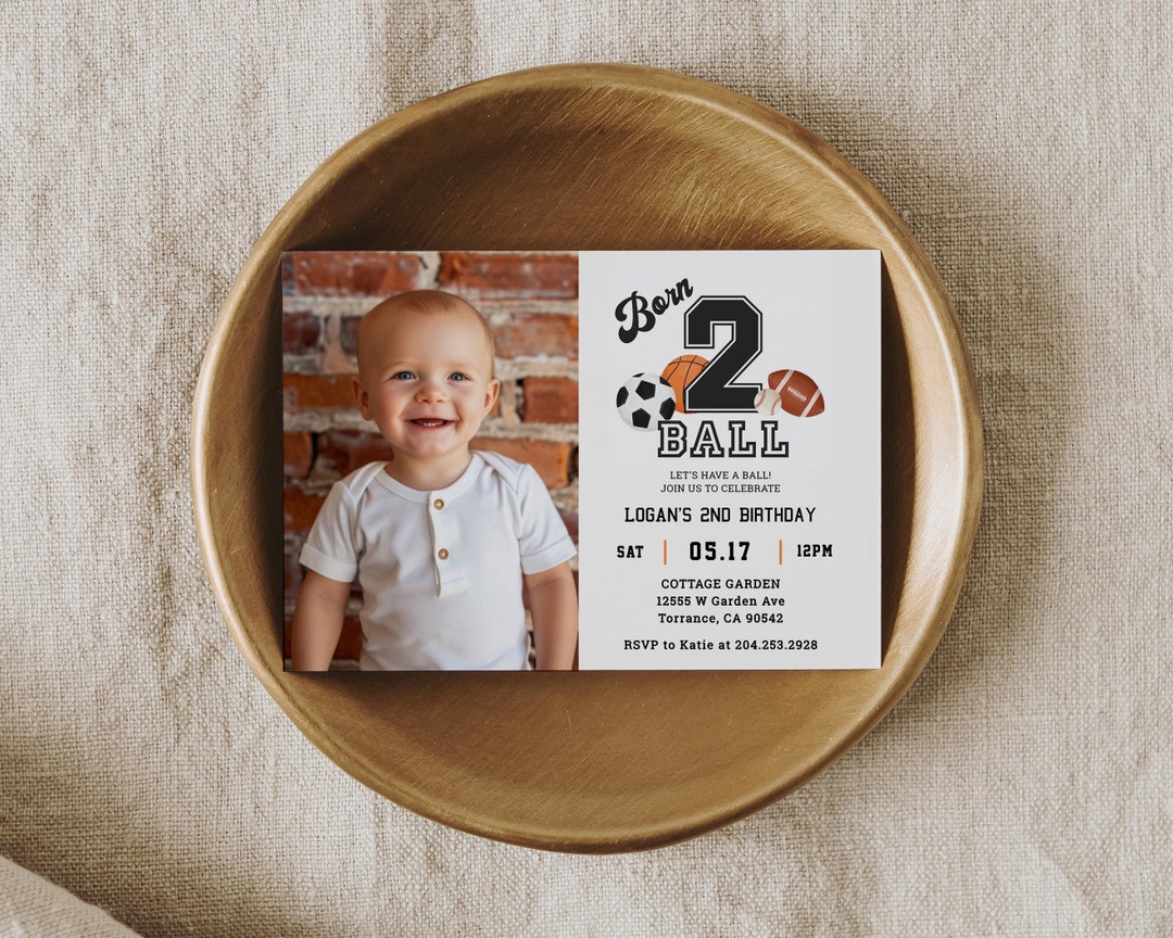 Born 2 Ball Photo Invitation Template, 2nd Birthday Party Invitation ...