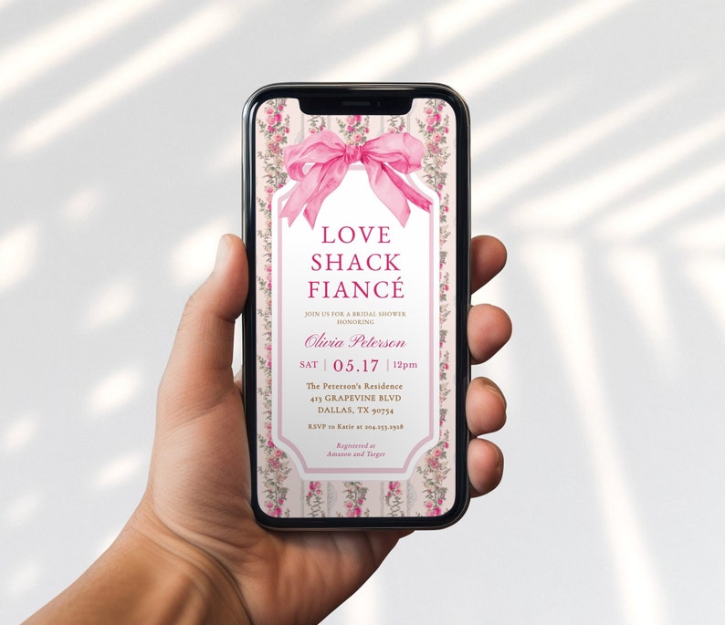 Love Shack Fiancé Bridal Shower Evite DIGITAL, Pink Bow Bridal Shower ...