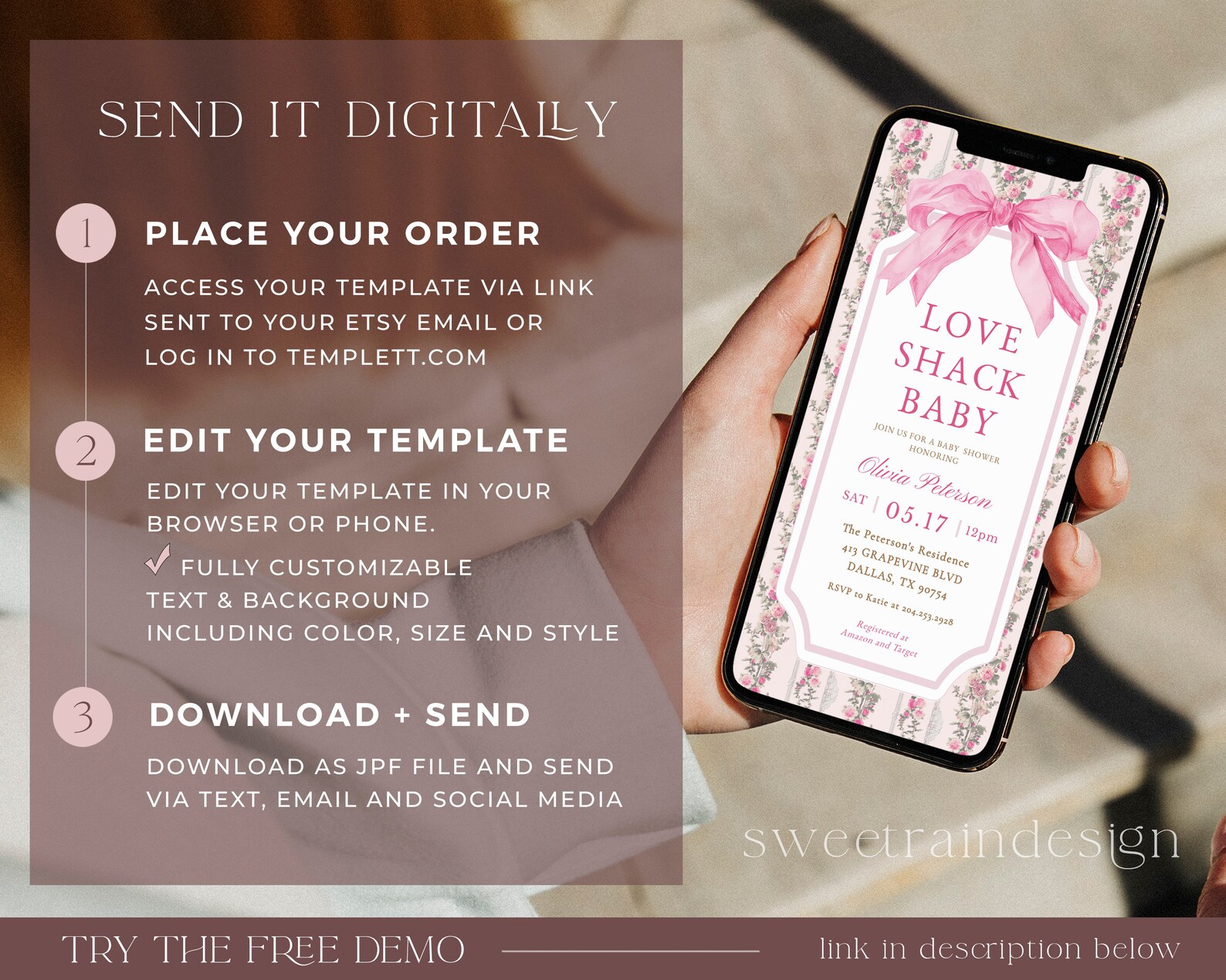 Love Shack Baby Shower Evite, Pink Bow Baby Shower Digital Invitation ...