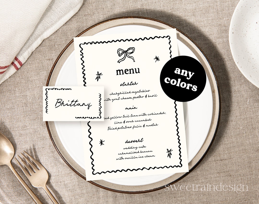 Handwritten Menu Cards Template, Hand Drawn Wedding Menu, Dinner Party ...