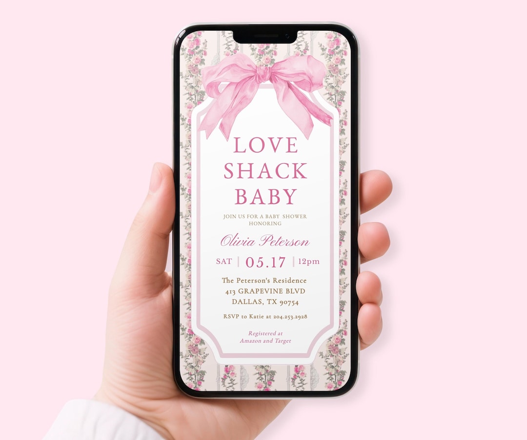 Love Shack Baby Shower Evite, Pink Bow Baby Shower Digital Invitation ...