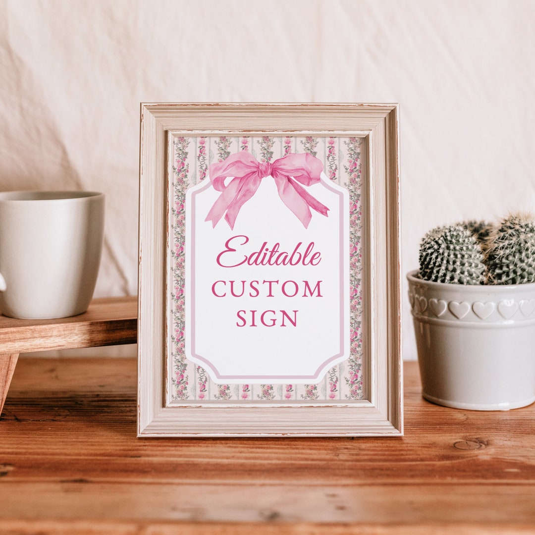 Pink Bow Themed Editable Sign, Fancy One Birthday Custom Sign Template ...
