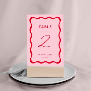 Pink and Red Table Numbers Template, Retro Wedding Table Number, Wavy ...