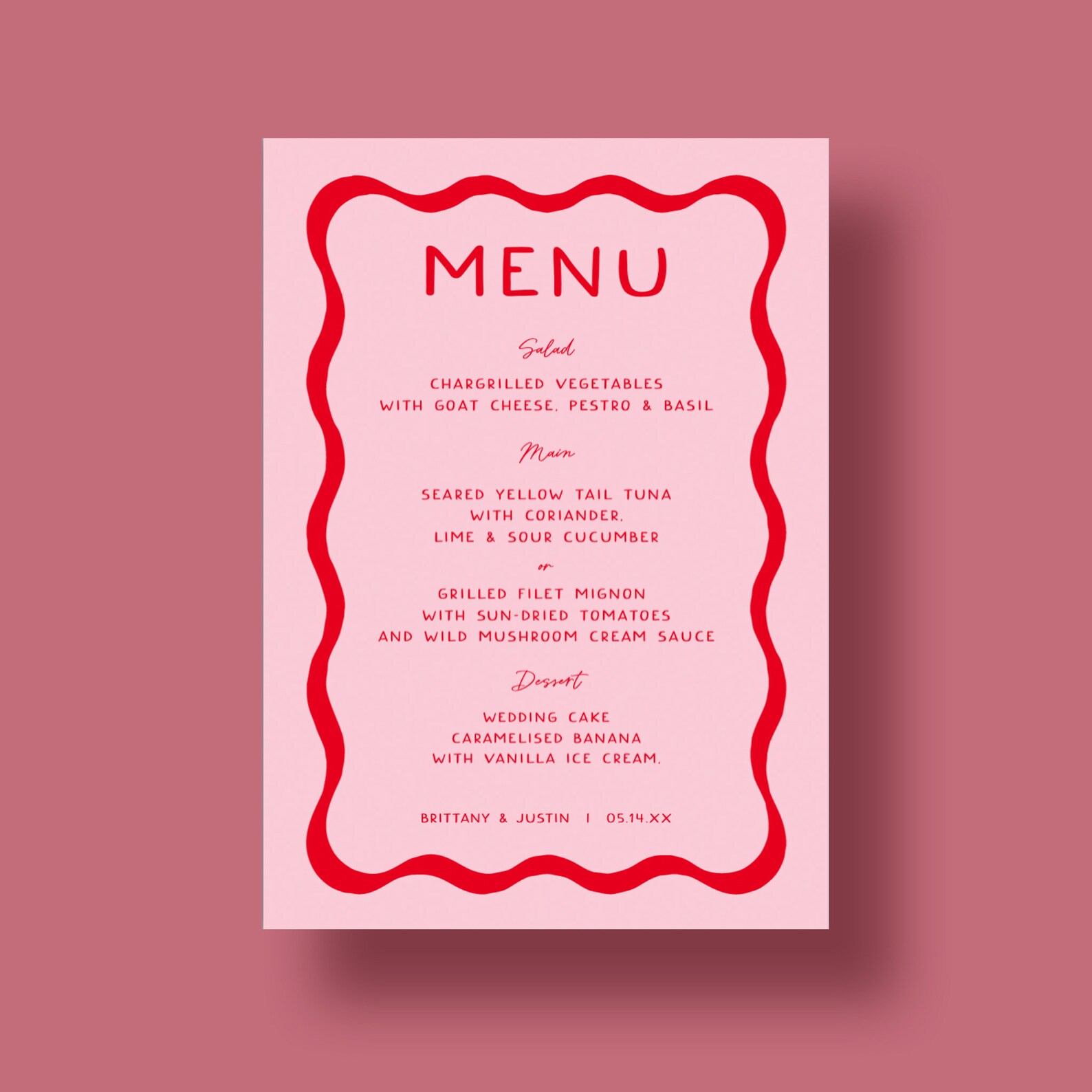 Pink and Red Menu Cards Template Retro Wedding Menu Wave - Etsy
