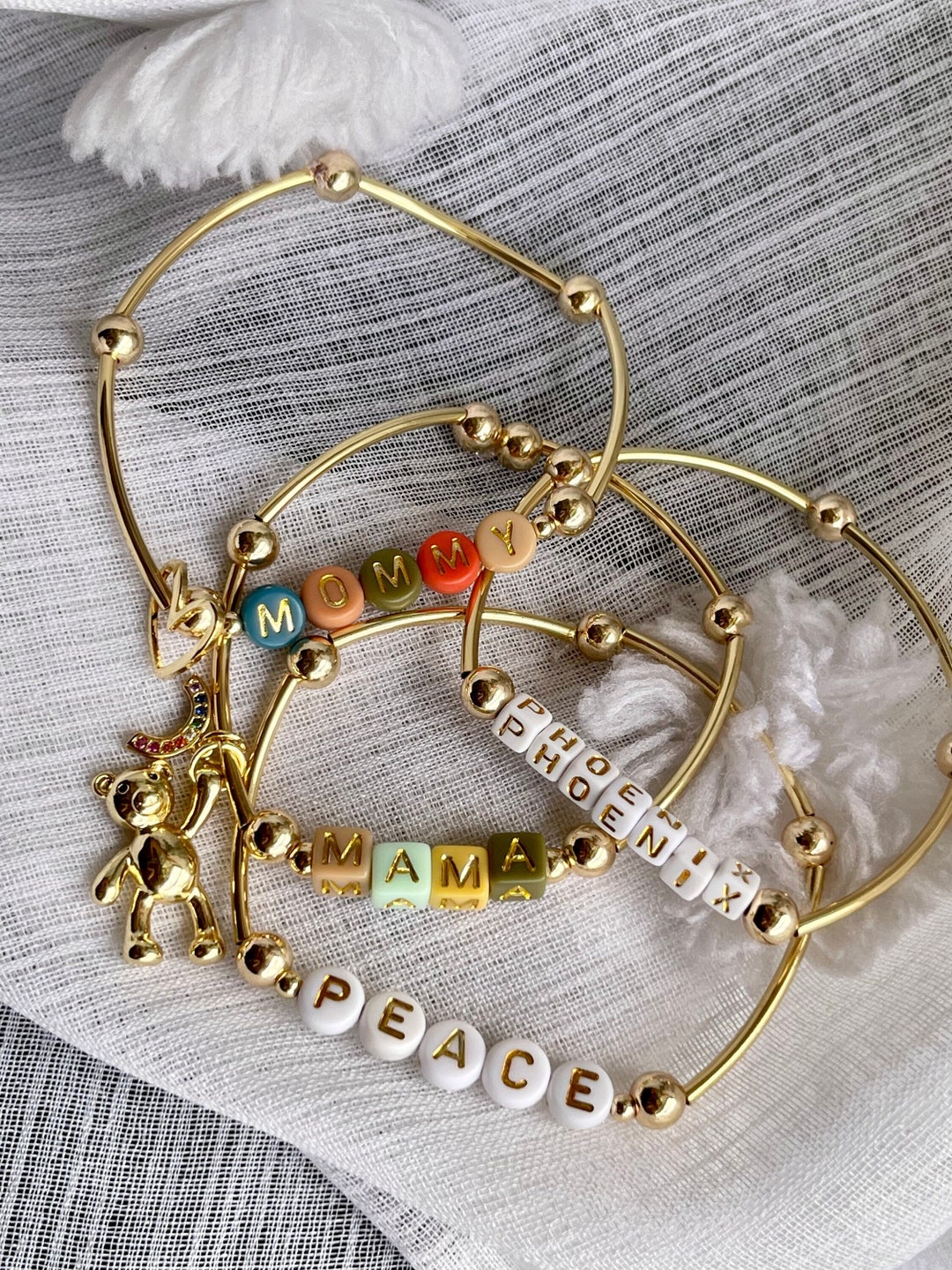 Word or Name Stretch Bracelets | 14k Gold Plated Noodle Bracelet ...