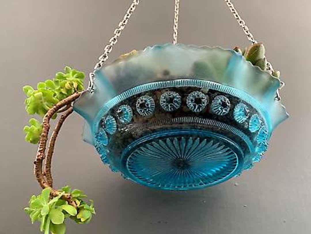 Unique ANTIQUE Turquoise Glass HANGING Open Terrarium PLANTER Plant Pot ...